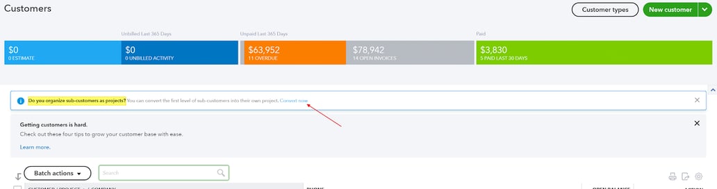 How do I convert Sub-Customers created from Jobs into QBO Projects?