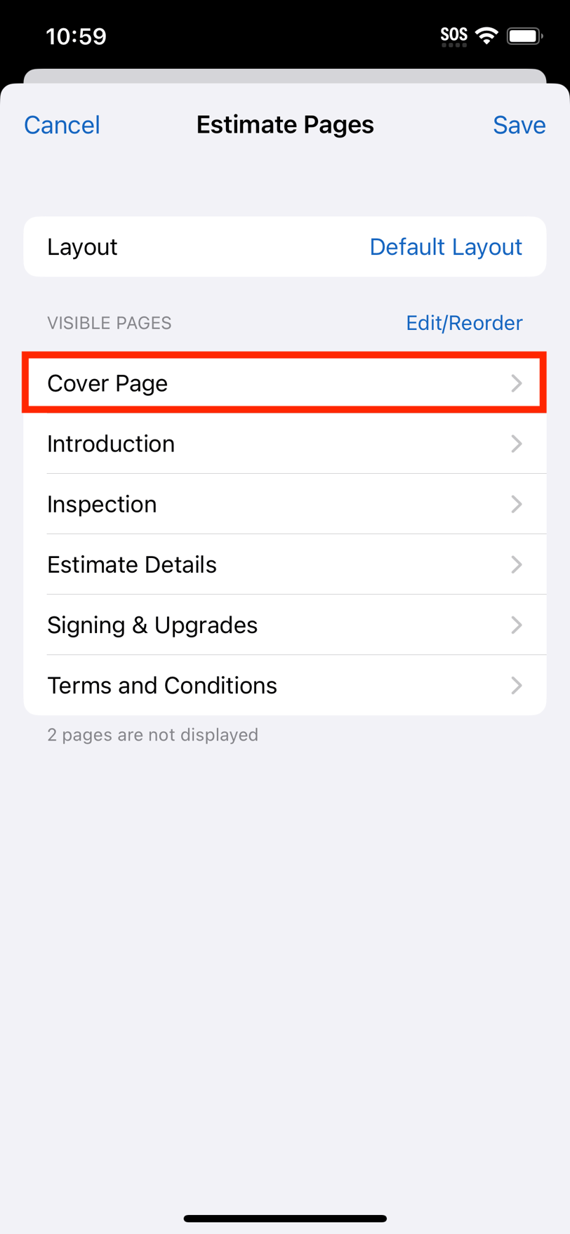 How do I Edit the Estimate Cover Page in the Mobile App?
