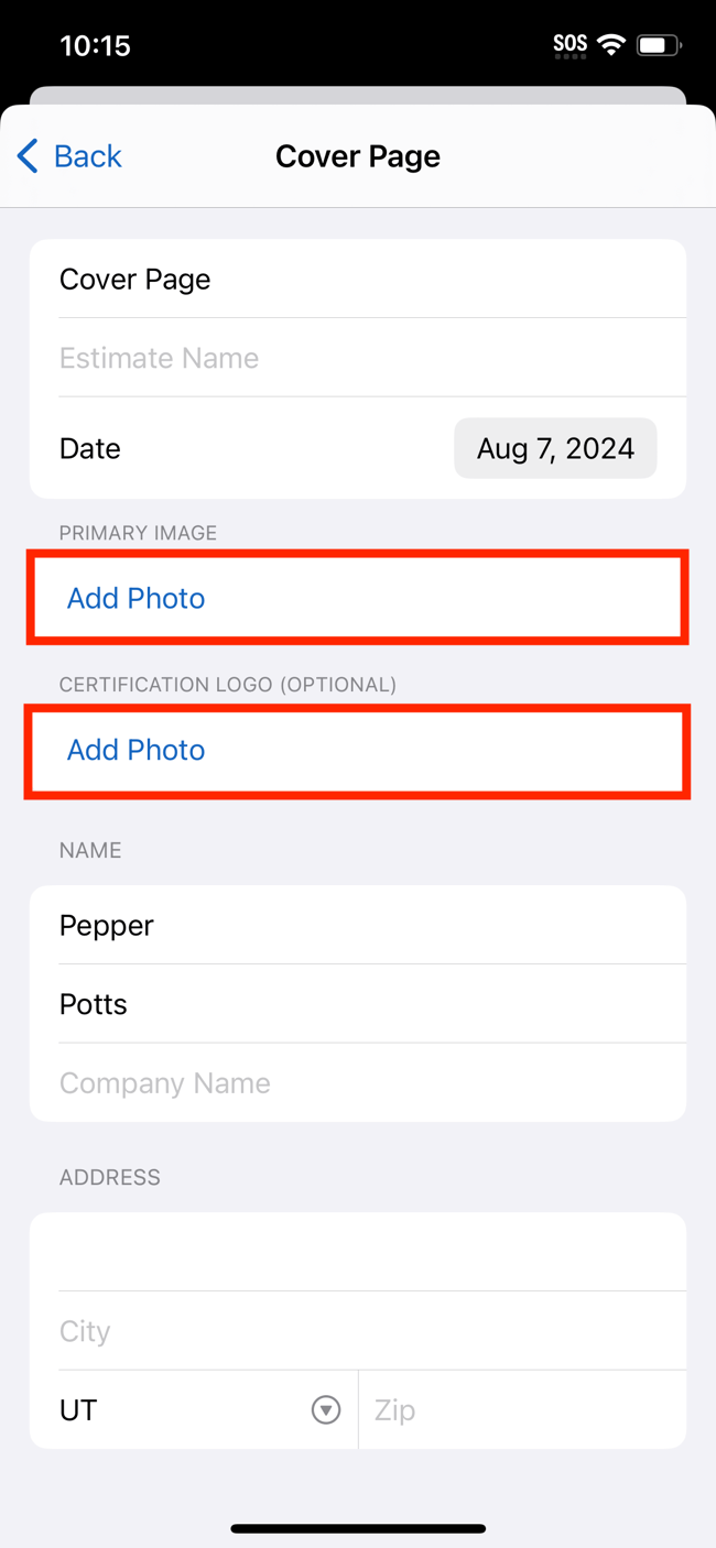 How do I Edit the Estimate Cover Page in the Mobile App?