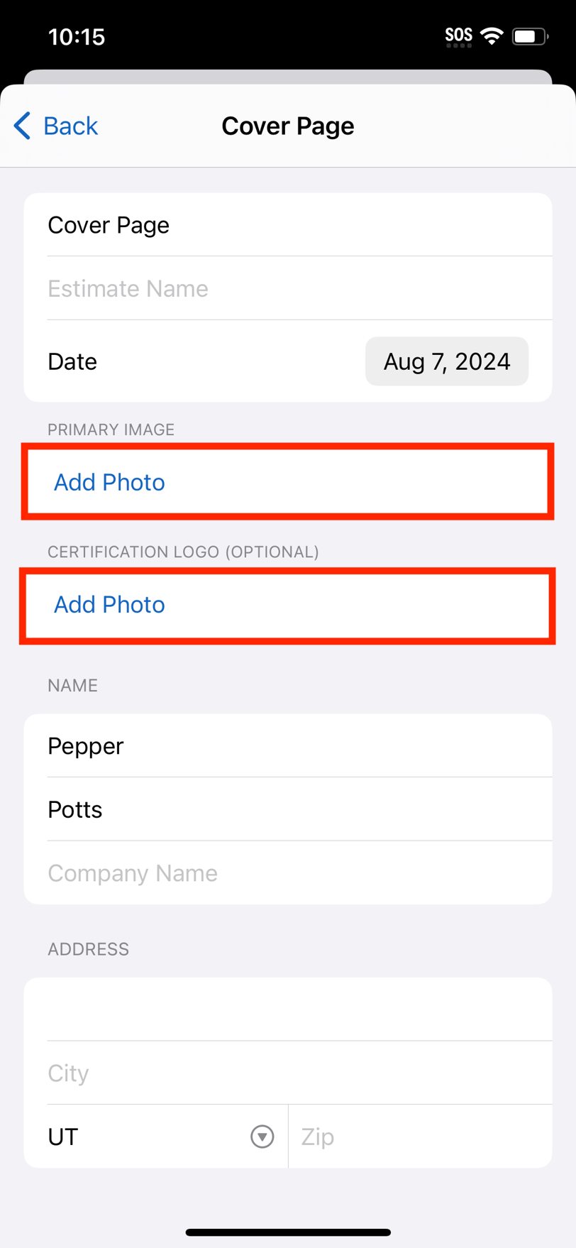 How do I Edit the Estimate Cover Page in the Mobile App?