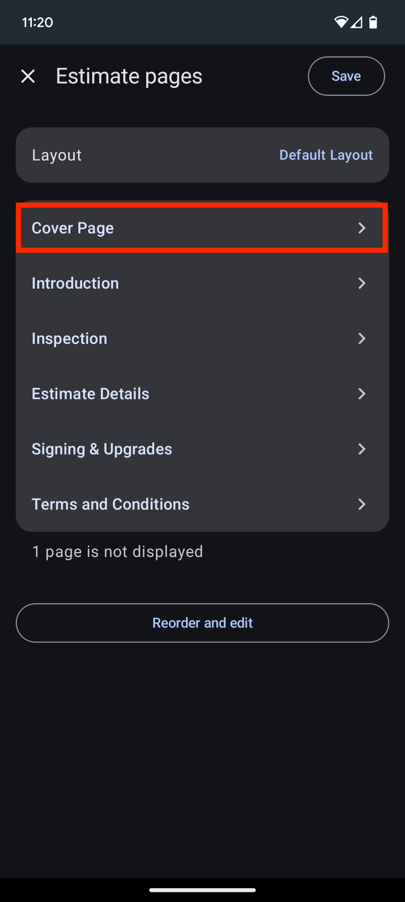 How do I Edit the Estimate Cover Page in the Mobile App?